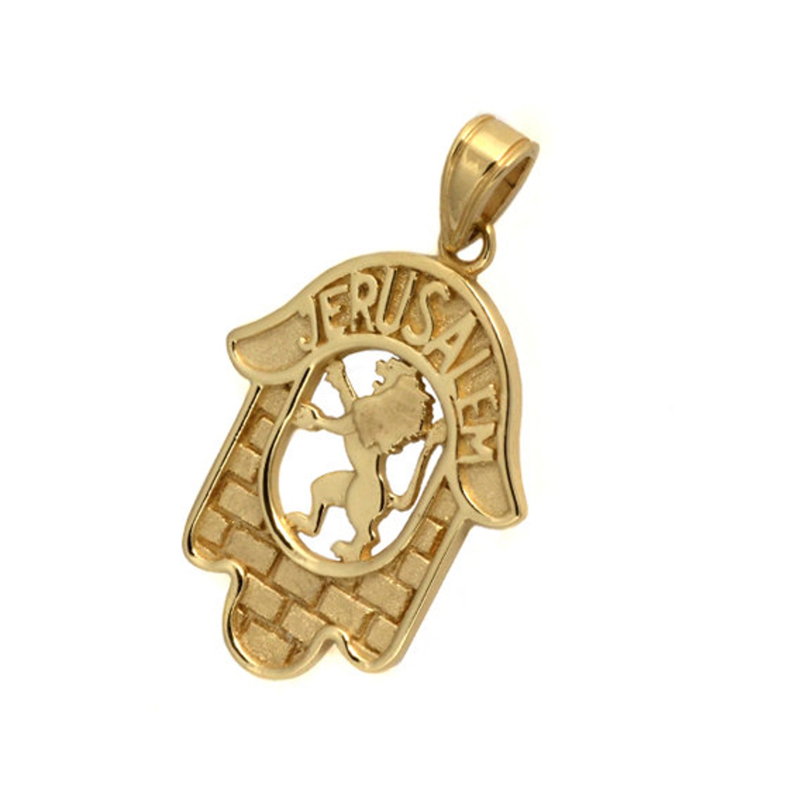Lion of Judah Hamsa 14k Gold Pendant, Jerusalem Hamsa Pendant, Solid ...