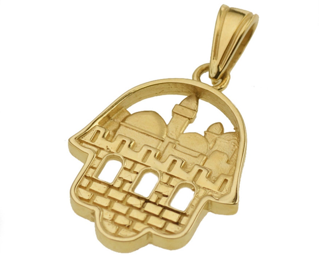 Jerusalem Hamsa 14k Solid Gold Pendant, Kotel Hamsa Pendant, Gold ...