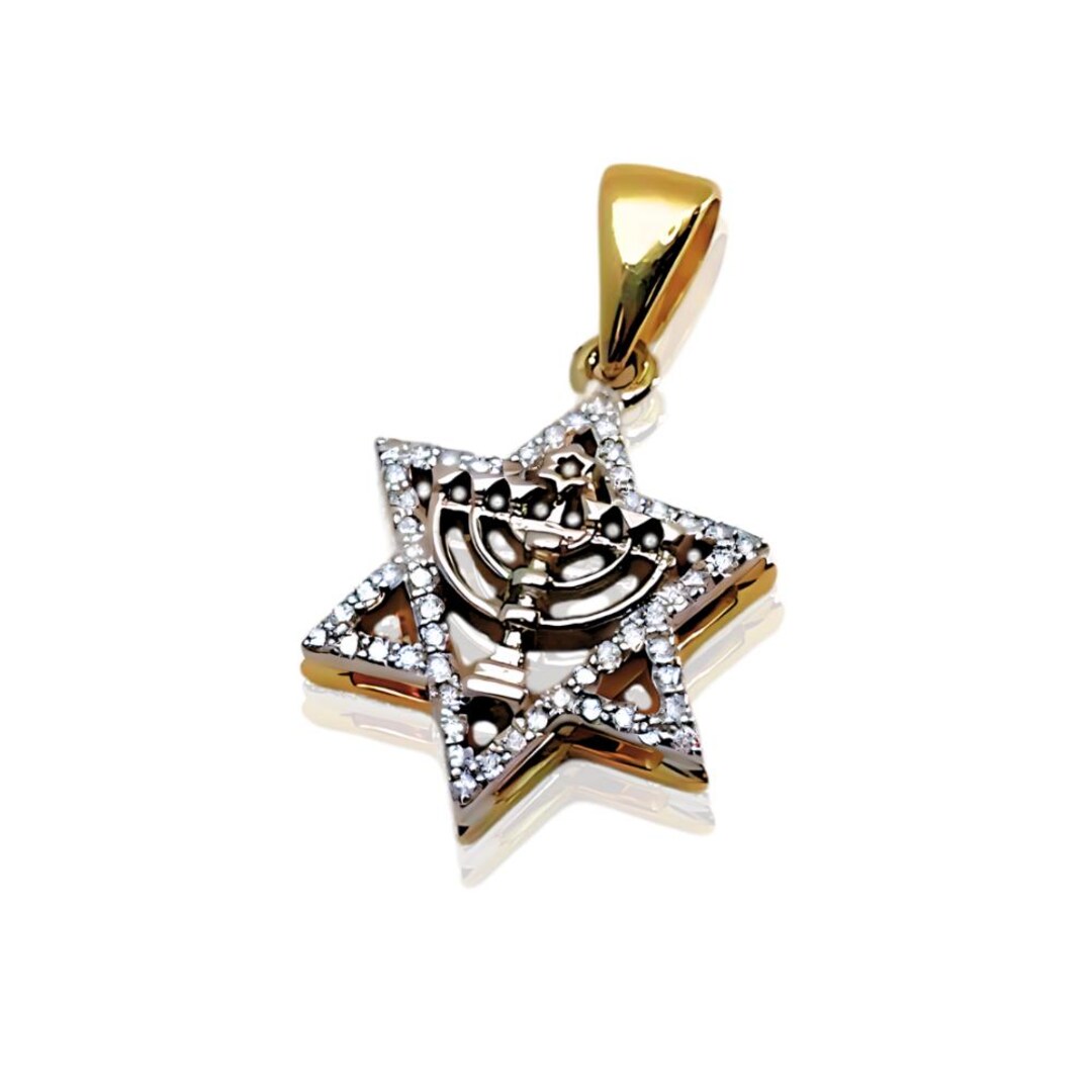 Diamond Star of David Menorah Pendant in 14k Gold, Jewish Magen David ...