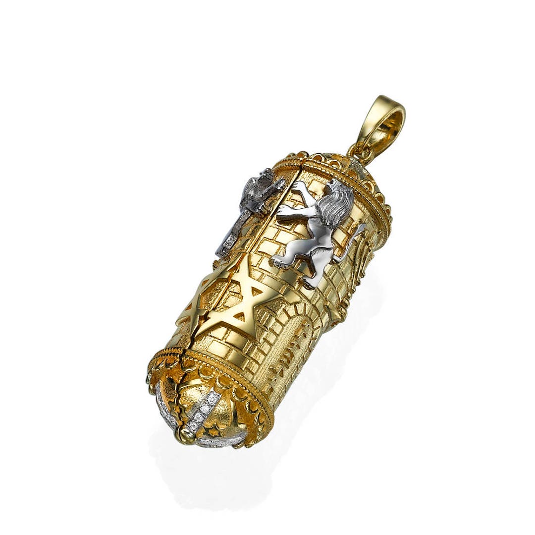 Torah Pendant With Diamonds in Two Tone 14k Gold, Ten Commandments ...