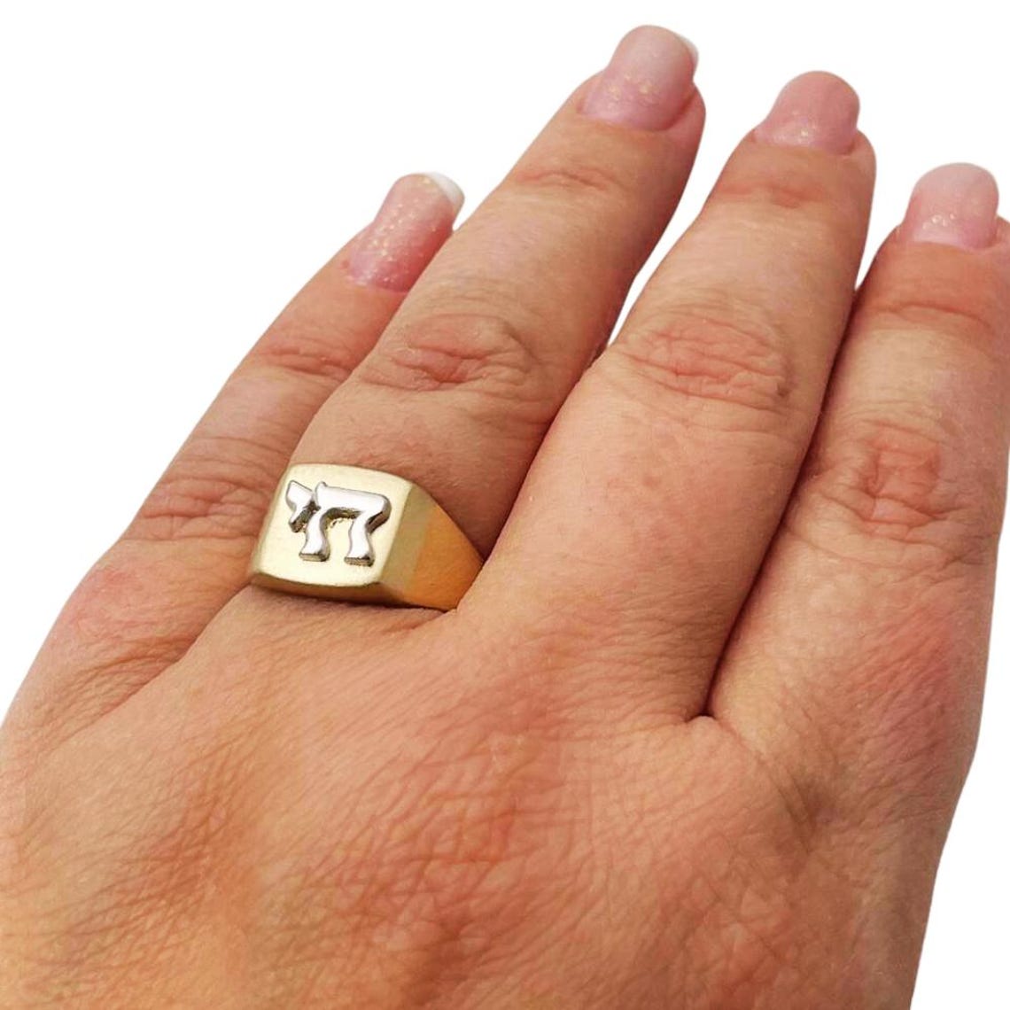 14k Gold Chai Ring, White Gold Chai on Yellow Gold Signet Ring, Hebrew ...