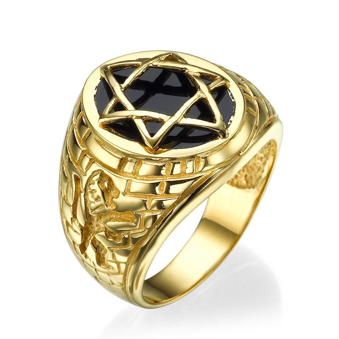 Star of David Ring, Solid 14k Gold Onyx Ring, Men's Signet Ring, Lion ...