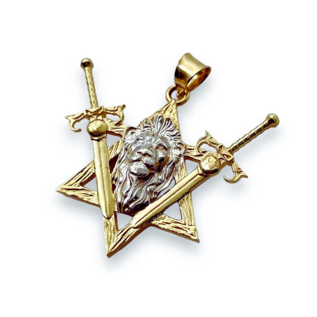 Two Swords Pendant With Lion of Judah and Star of David in 14K Two Tone ...