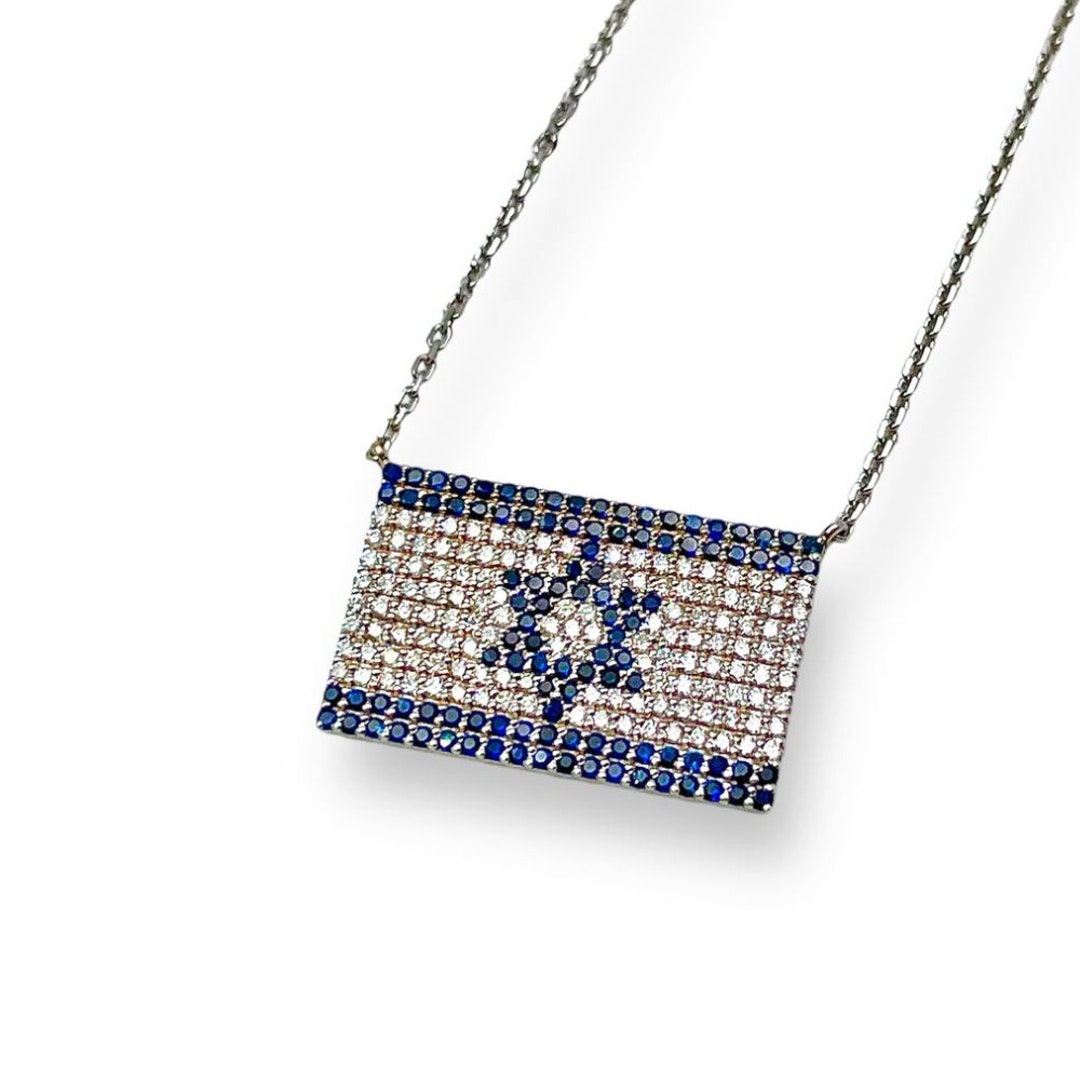 Israeli Flag Necklace in 14K White Gold With Diamonds and Sapphires ...