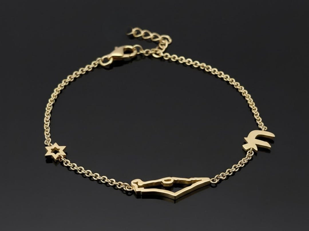 Map of Israel, Star of David and Chai Charm Bracelet in 14k Gold ...