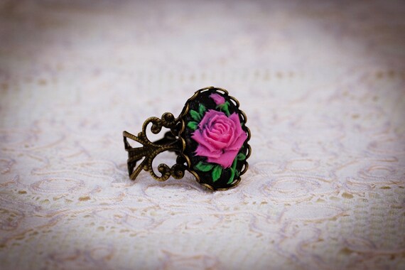 Belle Rose Ring Rosen Kamee filigran verstellbares Band Etsy