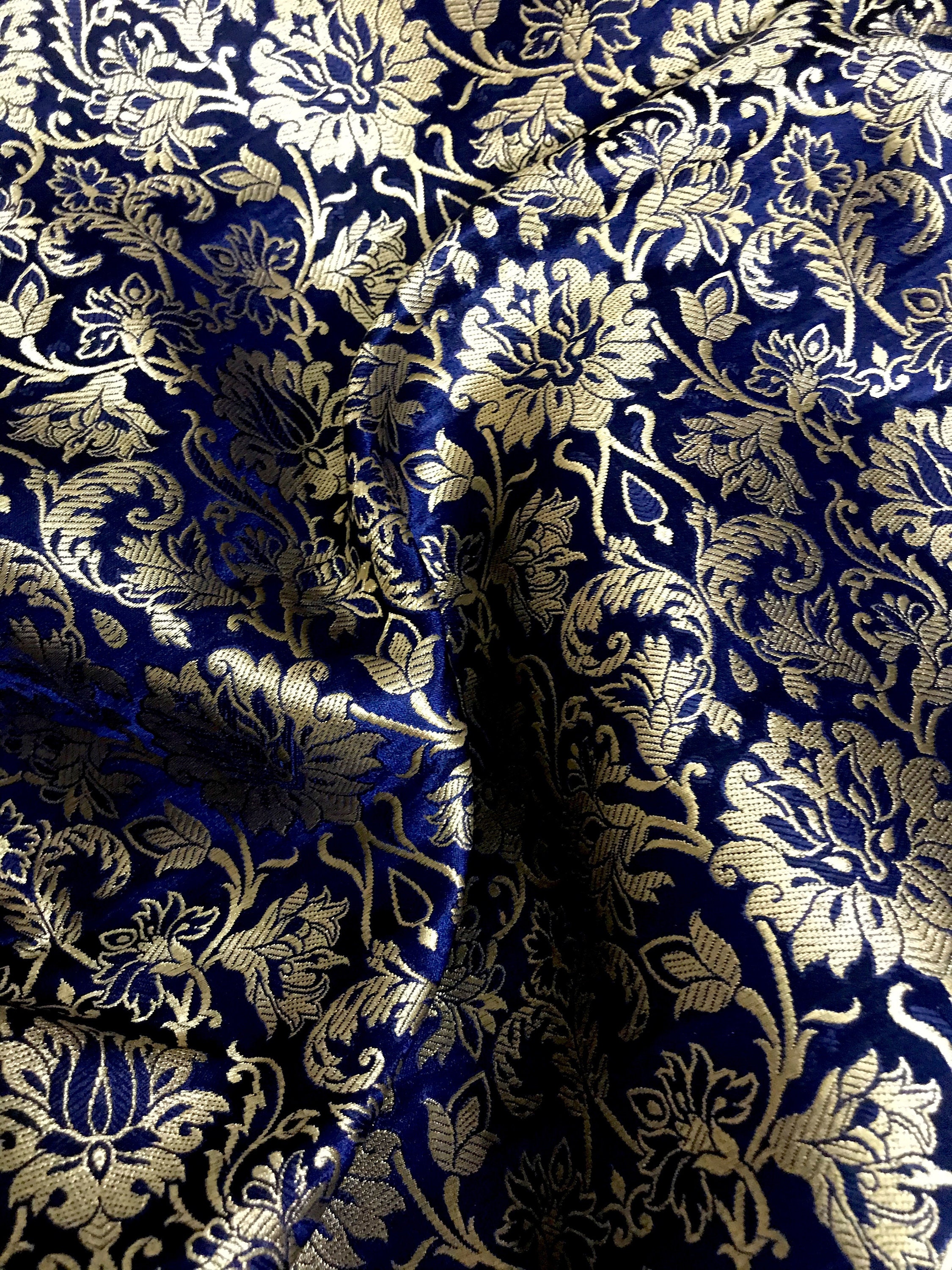 40 Sale Indian Brocade Fabric Navy Blue And Gold Fabric Etsy