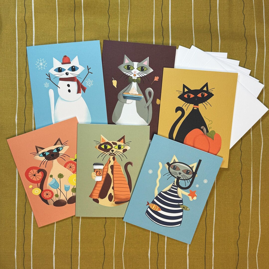 Groovy Retro Cat Greeting Card Set (#2) -whimsical Vintage-inspired ...