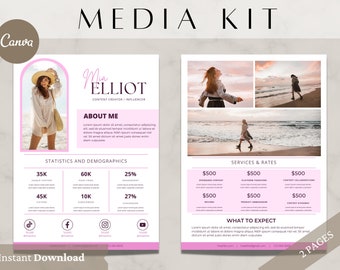 2 Page Media Kit Canva Template| Instagram Media Kit| Influencer Rate Sheet Template| Blogger ...