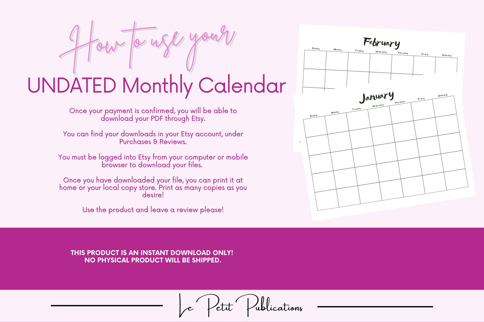 Blank Calendar, Undated Calendar, Printable Calendar, Minimalist ...