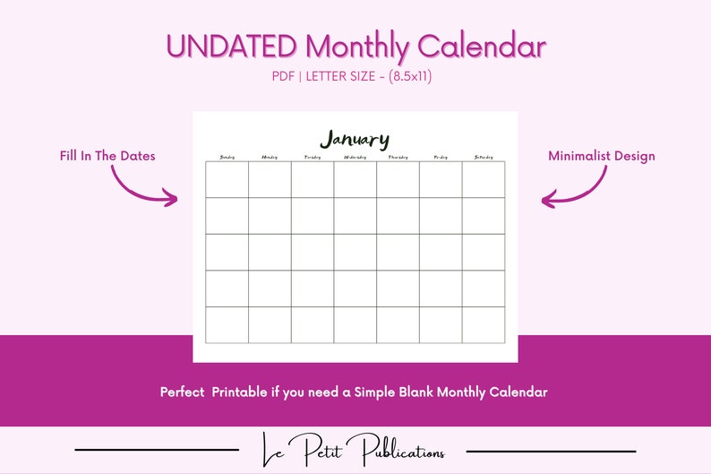 Blank Calendar, Undated Calendar, Printable Calendar, Minimalist ...