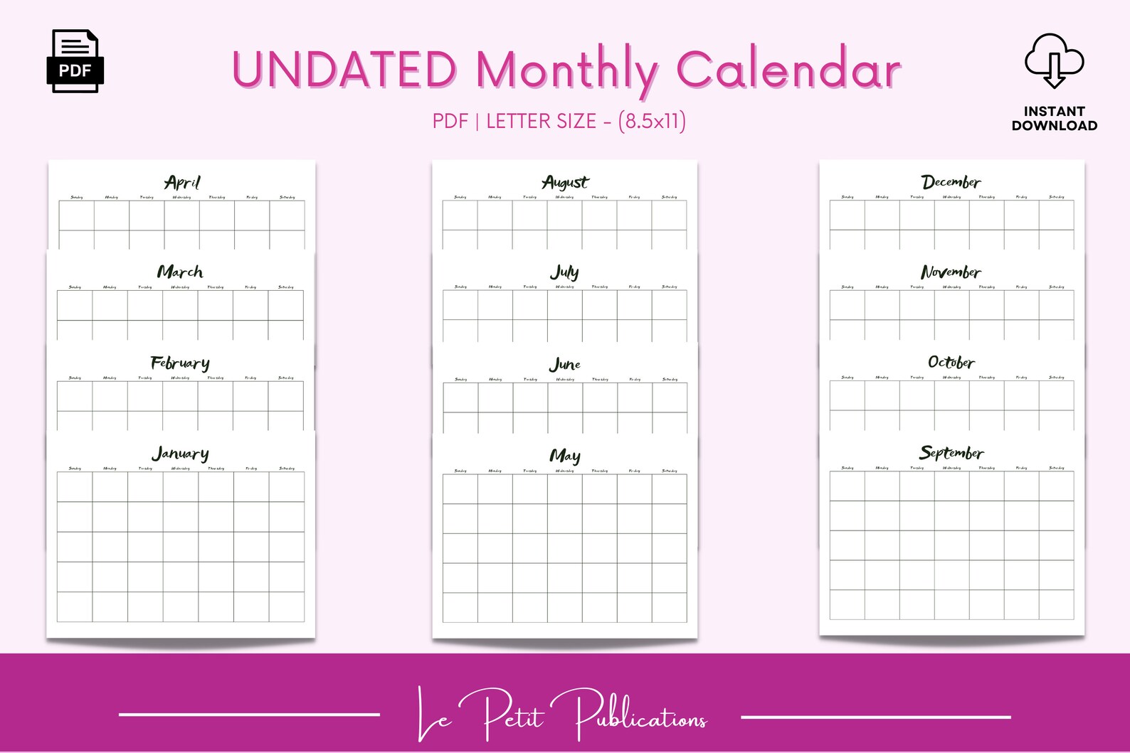 Blank Calendar, Undated Calendar, Printable Calendar, Minimalist ...