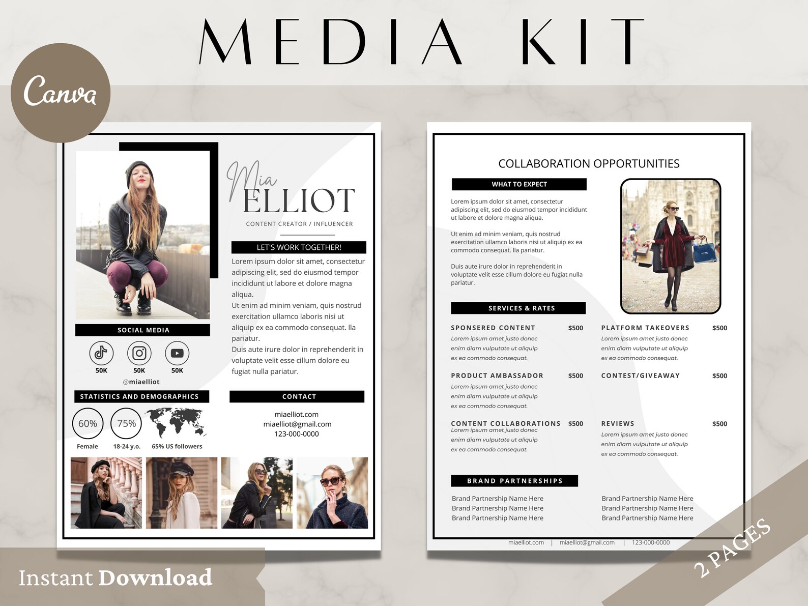 2 Page Media Kit Canva Template| Instagram Media Kit| Influencer Rate ...