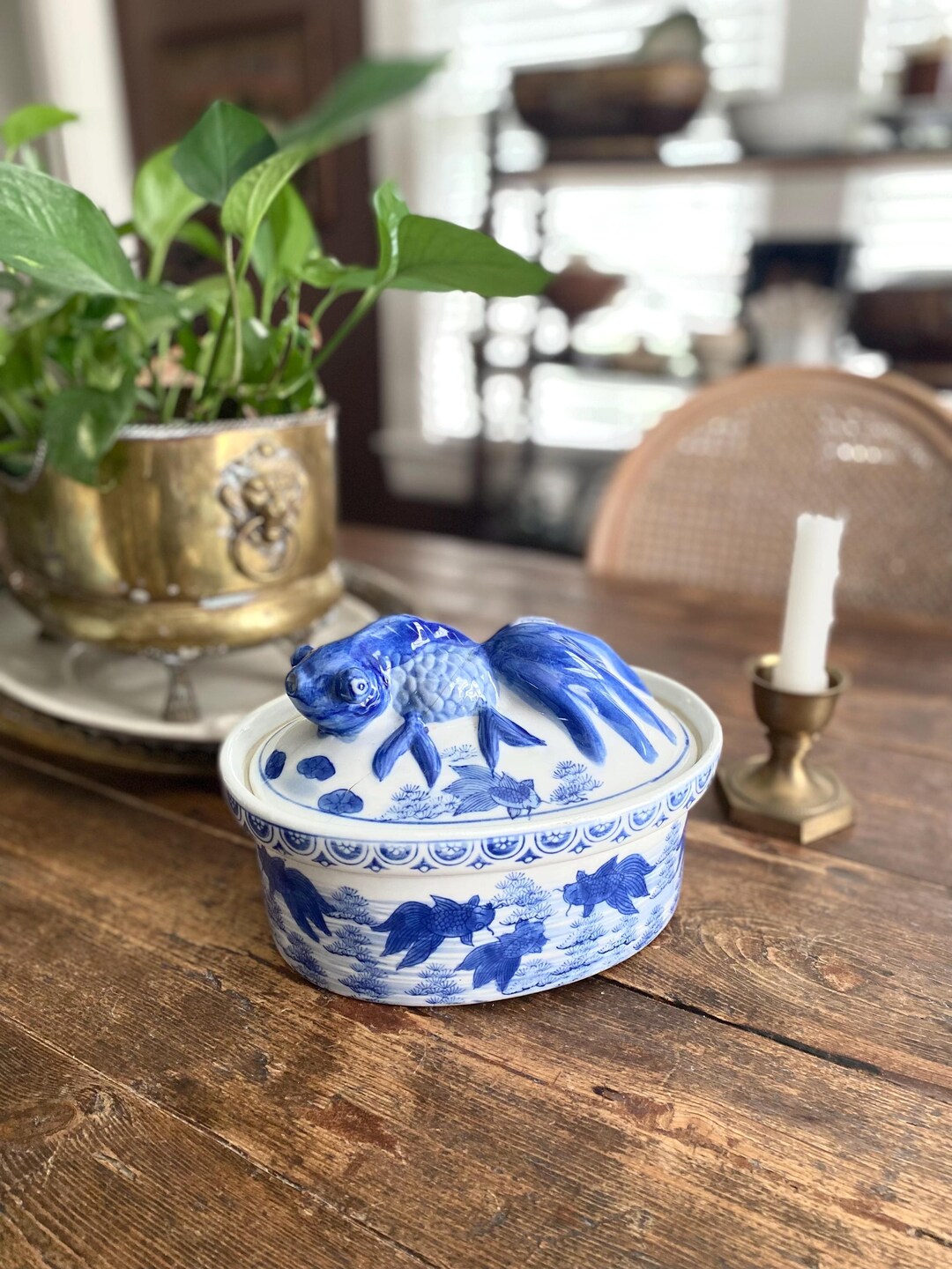 Vintage Koi Goldfish Terrine Serving Dish, Blue & White Decor - Etsy