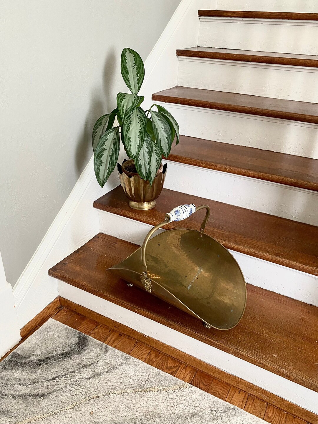 Beautiful Brass Fireplace Log Rack With Blue & White Stoneware Handle ...