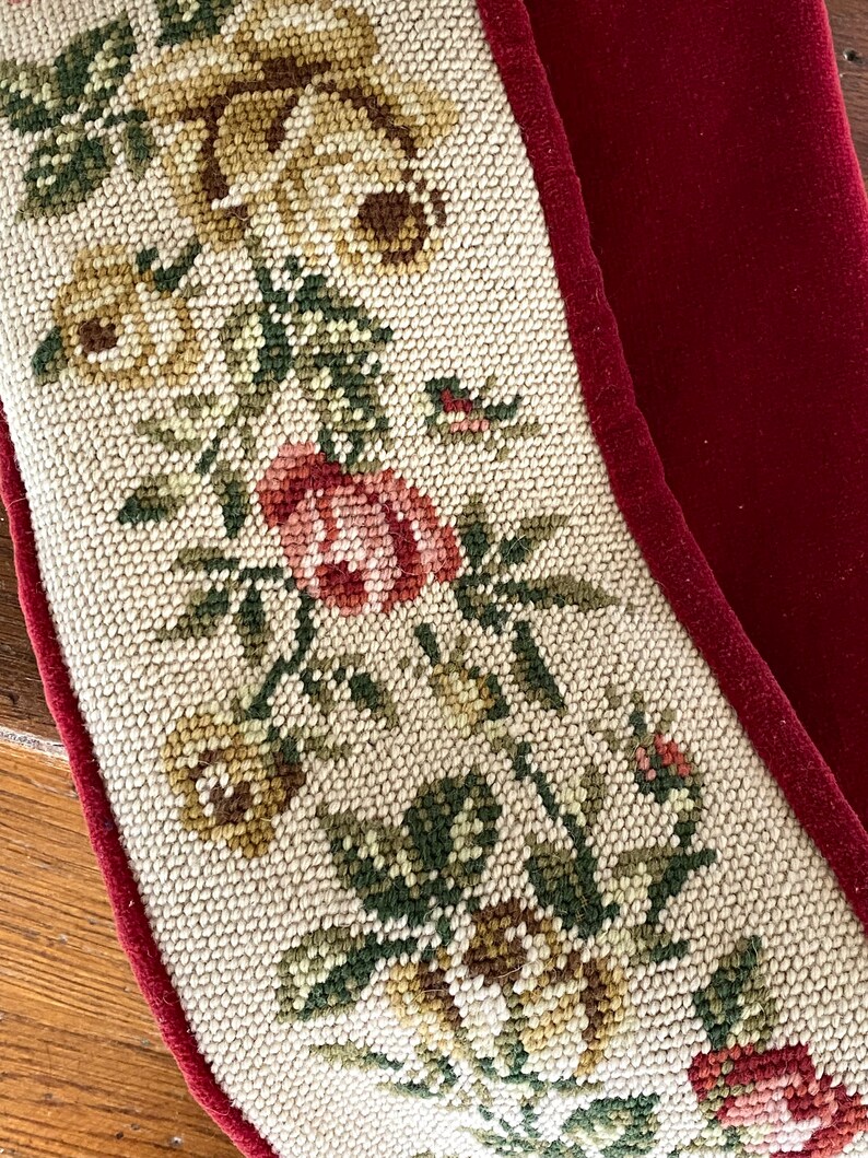 Vintage Floral Needlepoint Bell Pull With Red Velvet Backing - Etsy