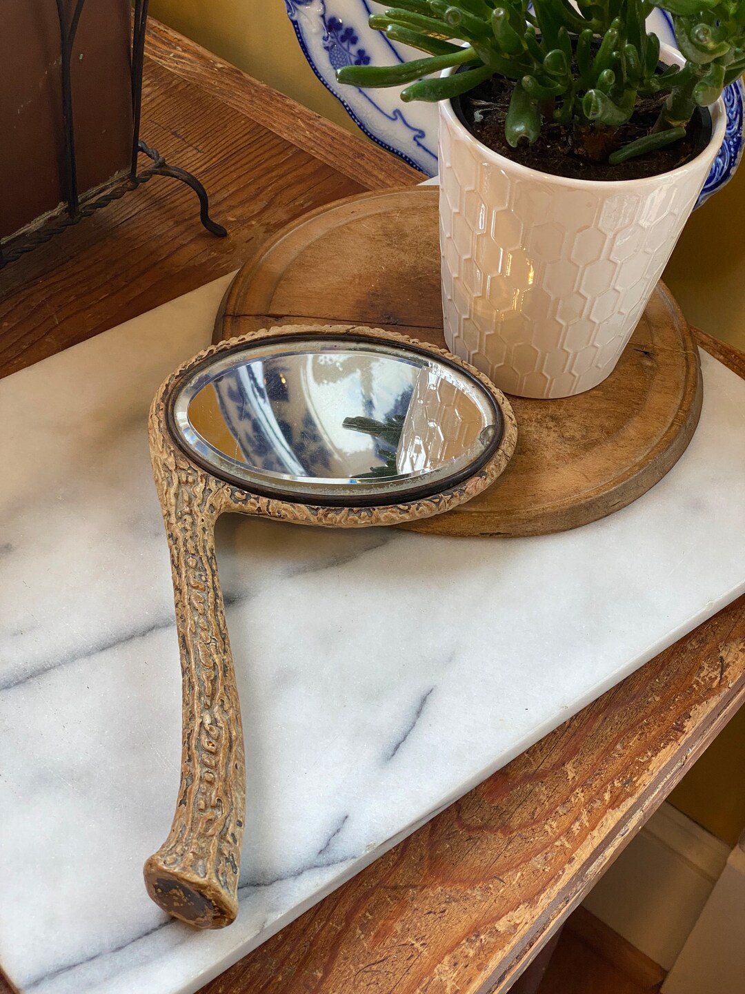 Fabulous Vintage Faux Bois Antler Motif Hand Mirror or Plateau ...