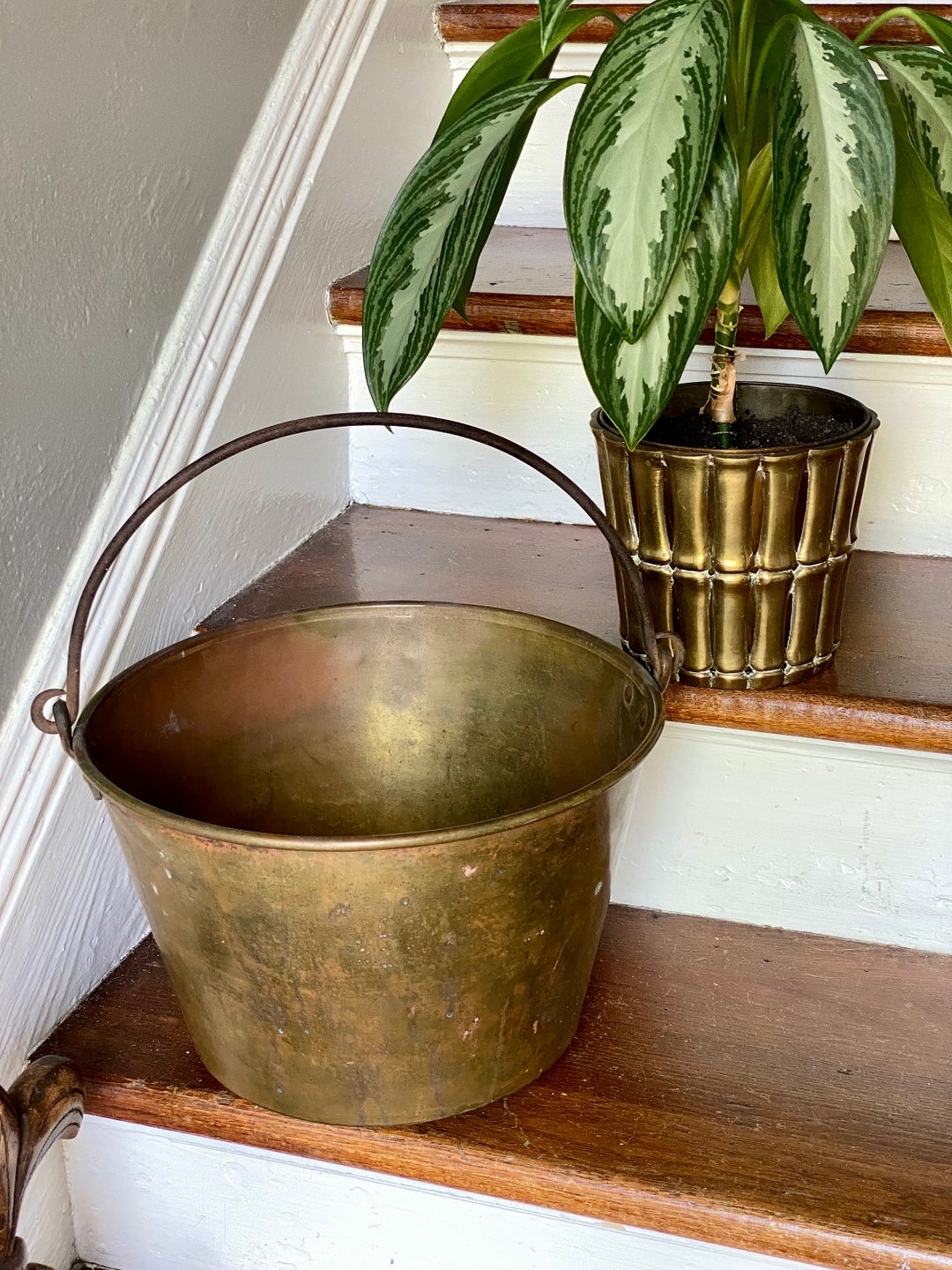 Magnificent Antique Brass Pail With Forged Iron Handle Fabulous for ...