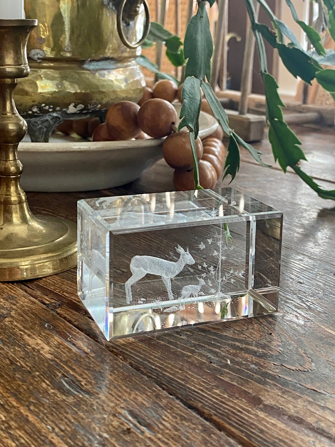 Vintage Etched Glass Cube With Deer Shelf Sitter - Etsy