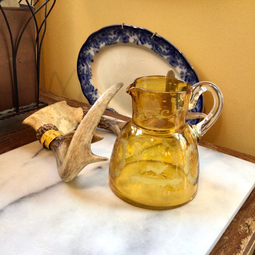 Beautiful Amber Blown Etched Glass Fox Hunt Bohemia Pitcher Vintage ...