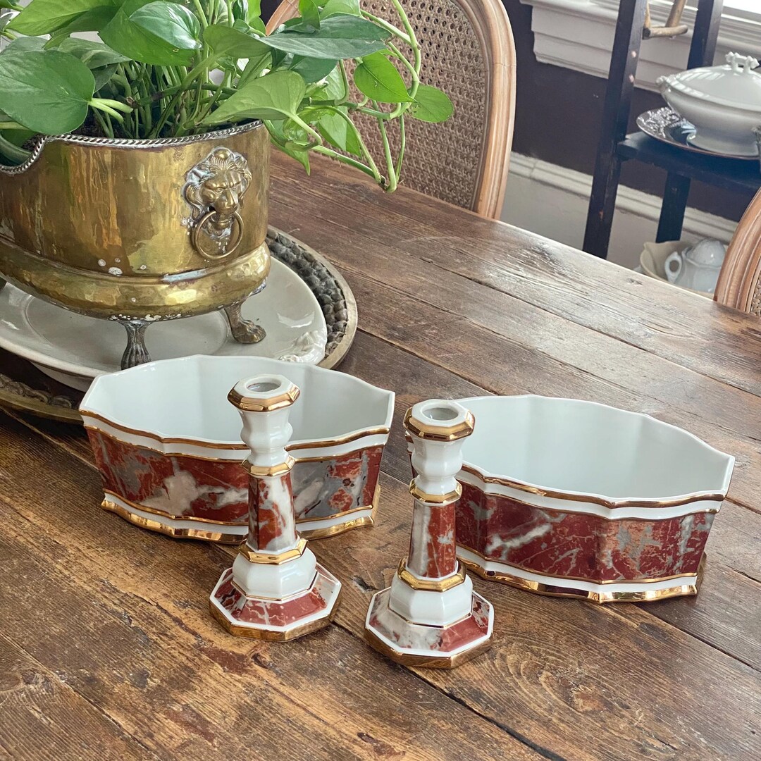 Vintage Faux Marble Candlestick and Compote Set of Four Andrea by Sadek ...