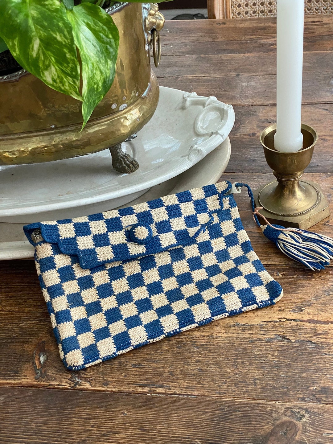 Gorgeous Antique Blue & White Check Checkerboard Purse With Tassel - Etsy