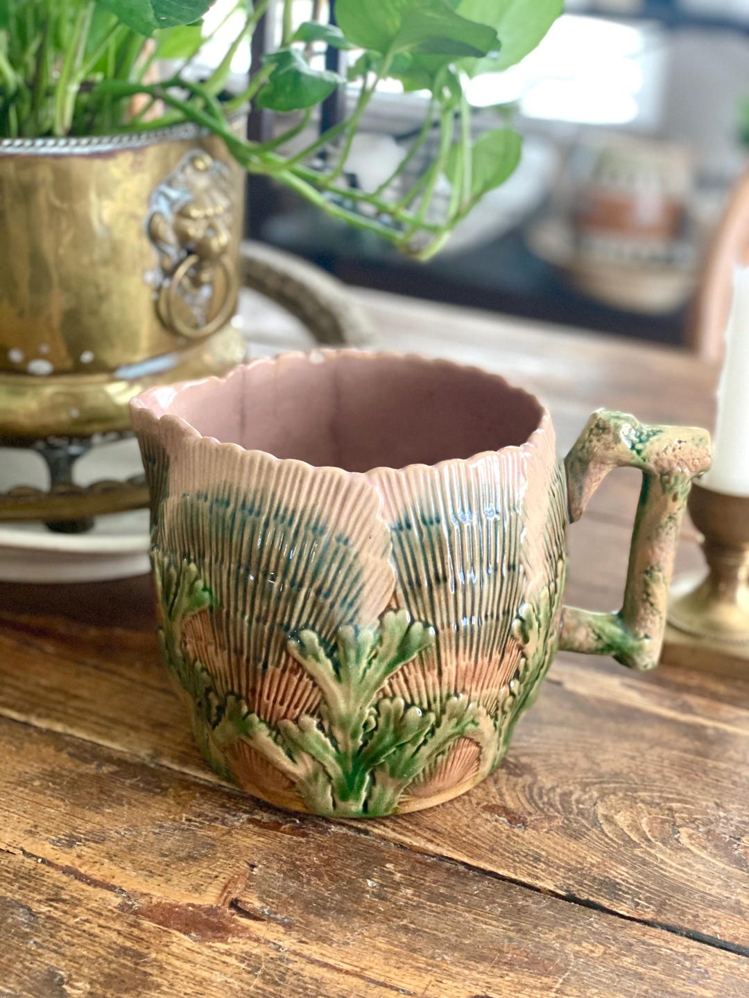 Majolica Floral Shell Pitcher: Vibrant Vintage Decor - Etsy