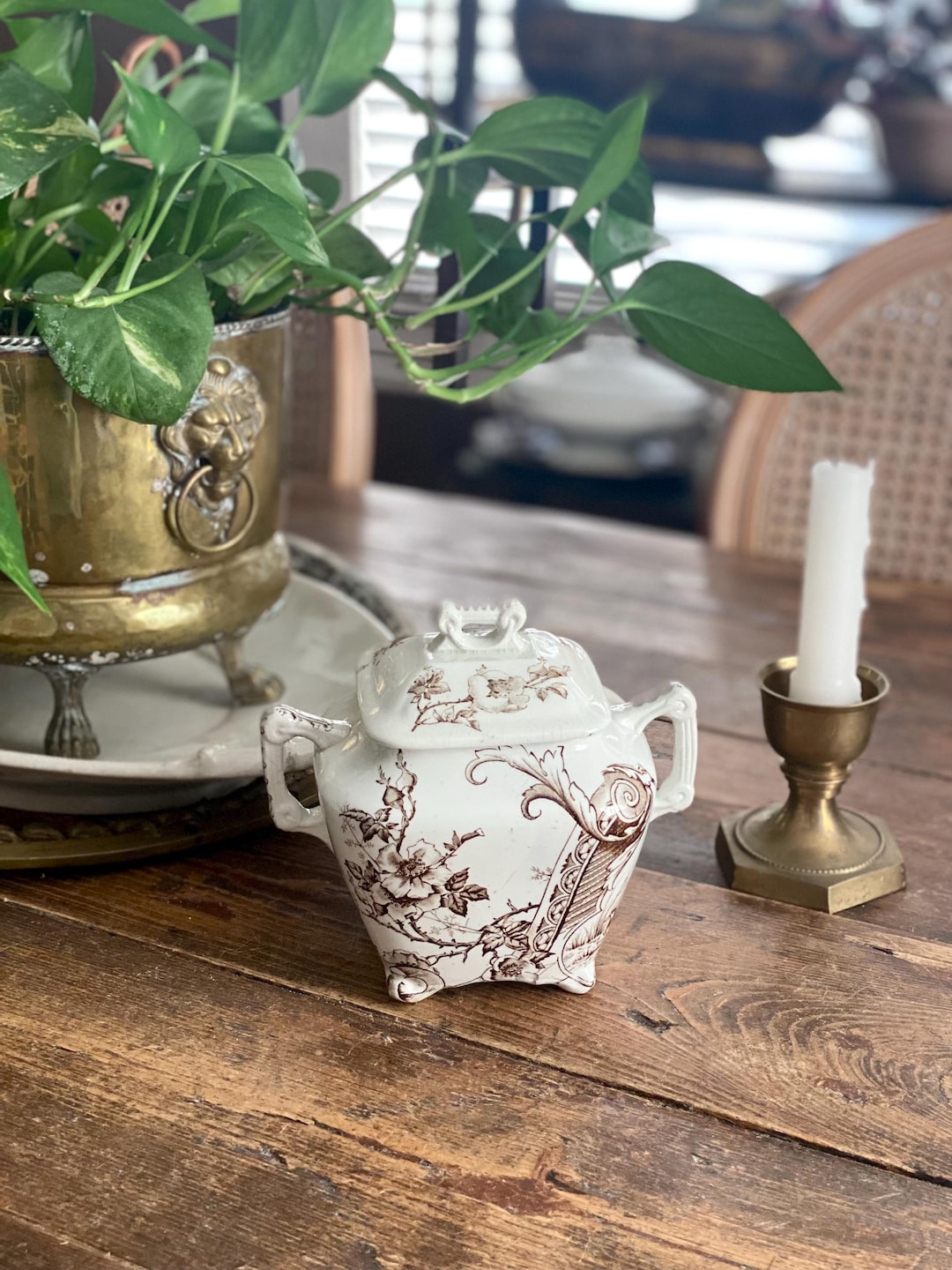 Antique Brown Transferware Sugar Bowl With Lid Melrose Pattern European ...