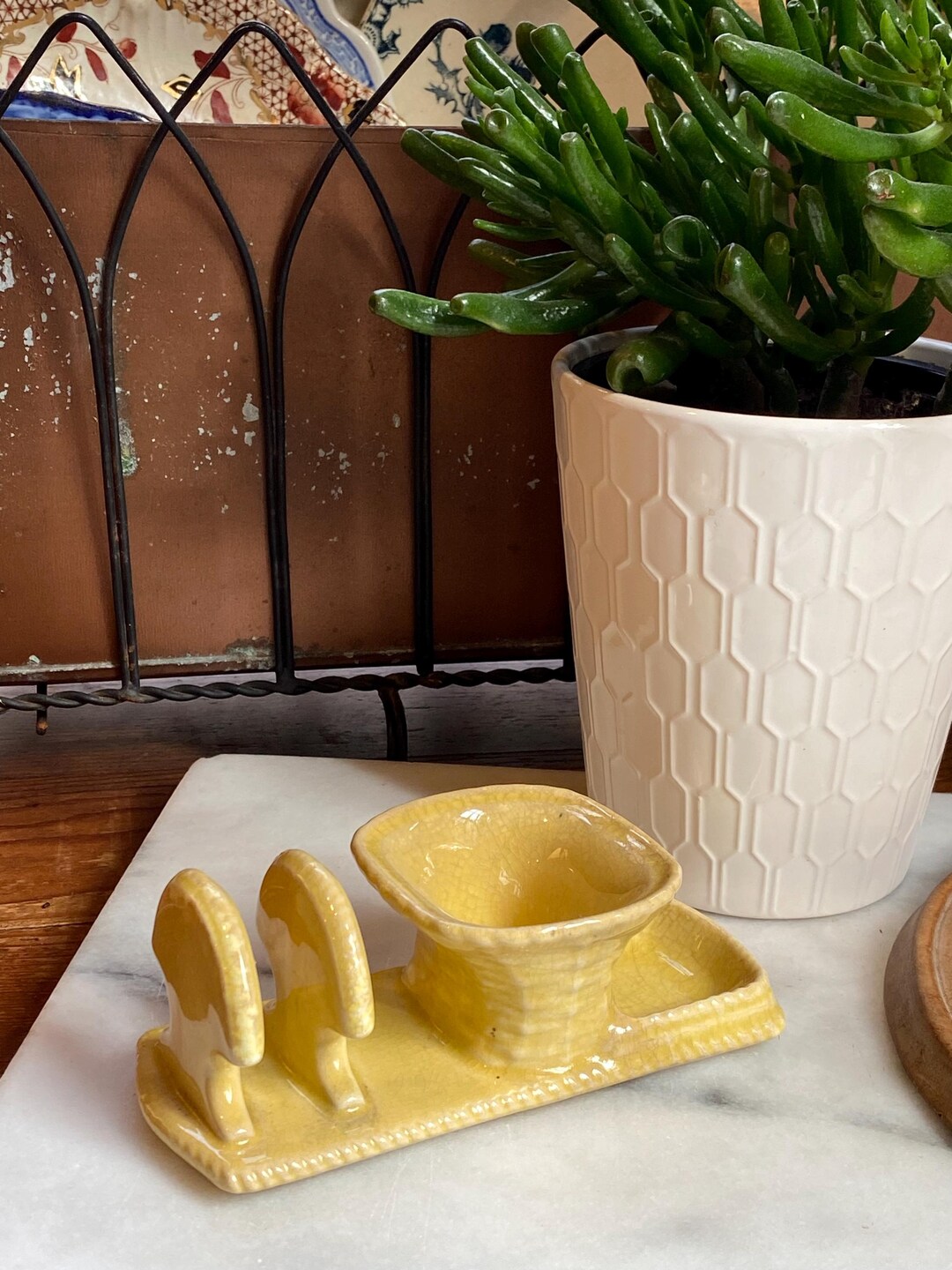 Antique Yellow Stoneware Toast Rack: English Farmhouse Breakfast Server ...