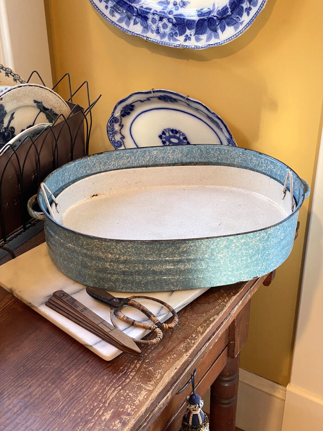 Beautiful Pair Large Enamelware Pans Vintage Farmhouse Kitchen Decor - Etsy