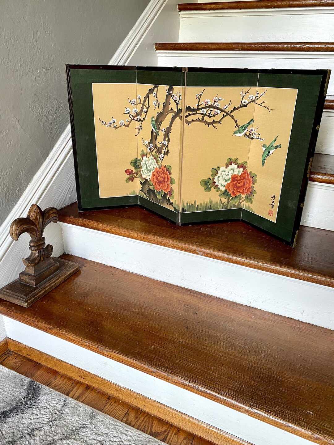 Magnificent Four Panel Oriental Asian Screen With Birds and Trees so ...