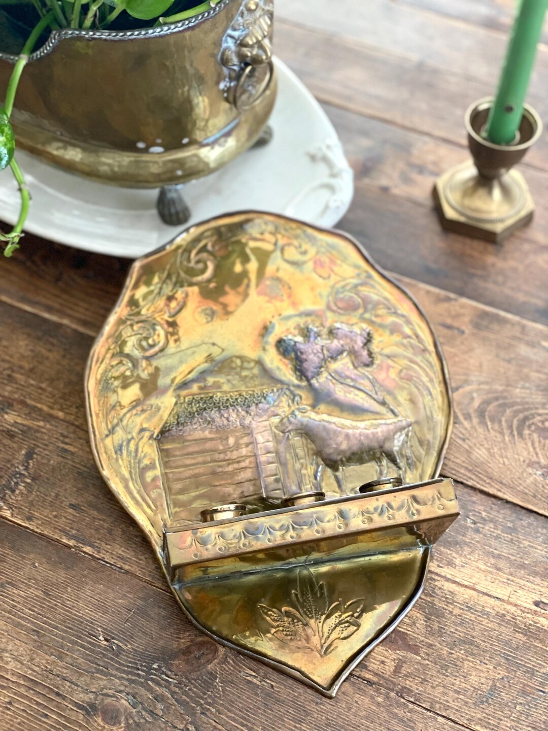 Beautiful Brass Repousse Wall Sconce Candle Holder Farm Scene With Cow ...