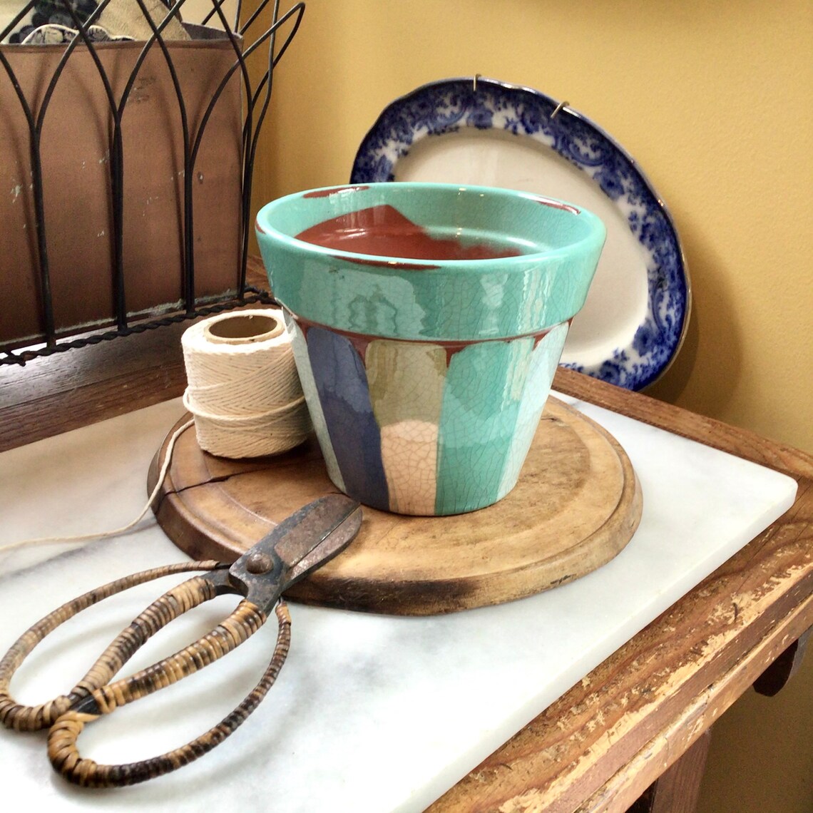 Gorgeous Teal Color Block Planter Made in Italy | Etsy