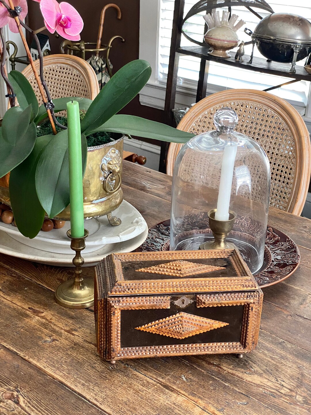 Fabulous Antique Tramp Art Keepsake Box on Feet That Chocolate Velvet ...