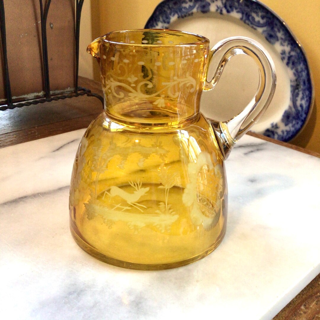 Beautiful Amber Blown Etched Glass Fox Hunt Bohemia Pitcher Vintage ...