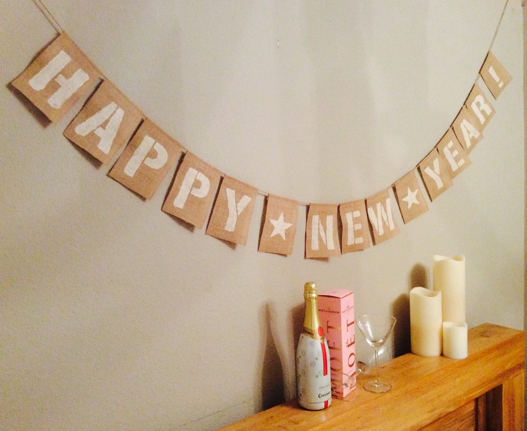 Happy New Year New Years Eve Party Vintage Bunting Banner. Hessian ...