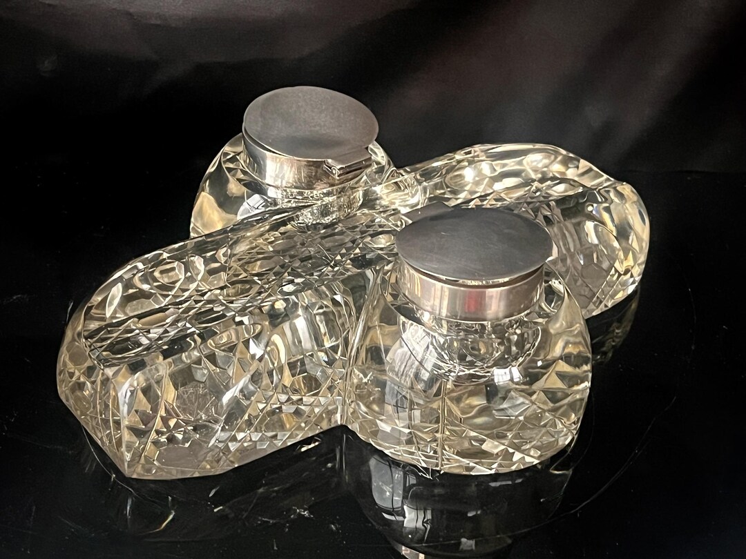 Antique-english Sterling Inkwell-cut Glass Double Inkwell-harvard Cane ...