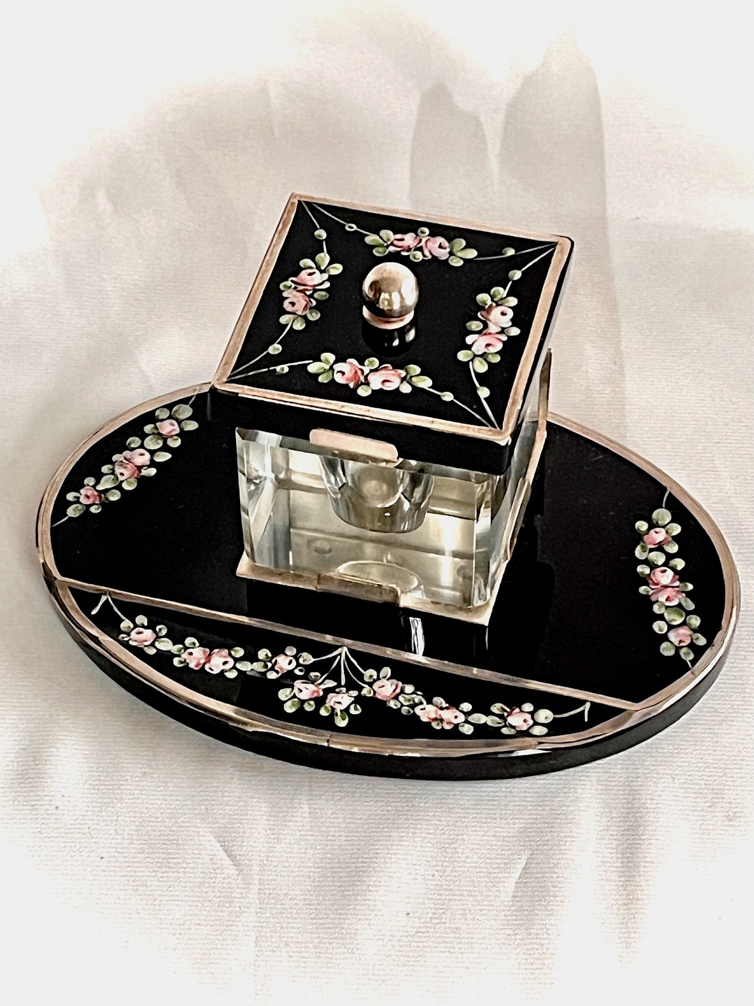 Antique-inkwell-sterling Inkwell-pen Holder Tray Antique Enamel Inkwell ...