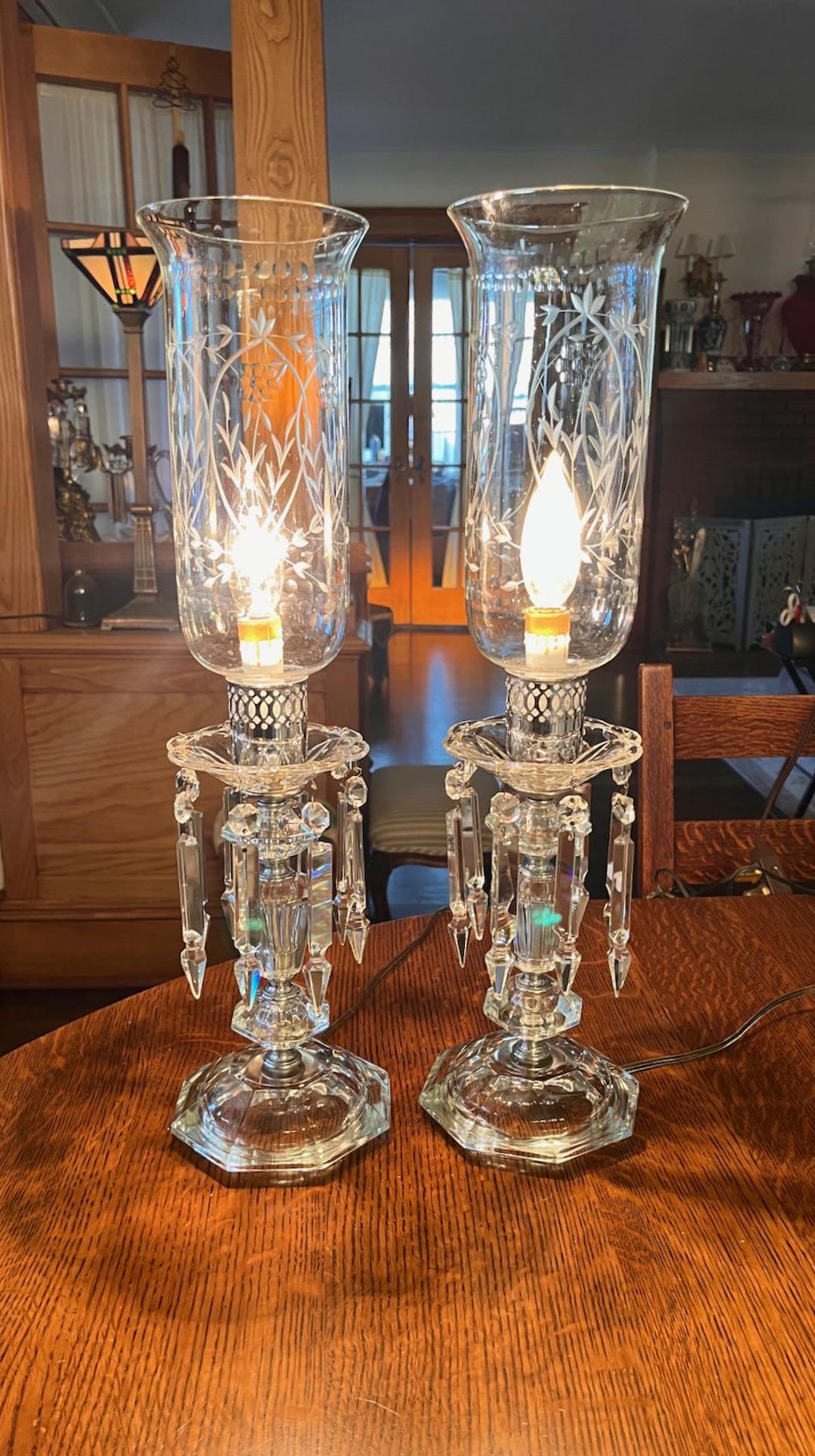 Vintage Crystal Prism Lusters-pair Crystal Lamps Etched Chimney Shades ...