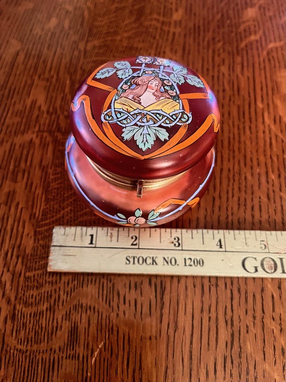 ANTIQUE-Cranberry Glass-Powder Box-Art Deco Powder Pu… - Gem