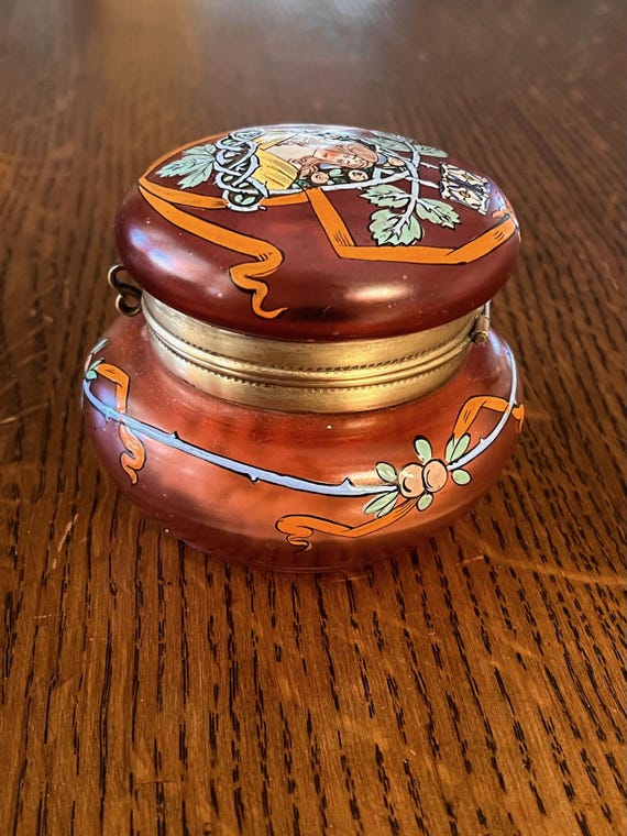 ANTIQUE-Cranberry Glass-Powder Box-Art Deco Powder Pu… - Gem