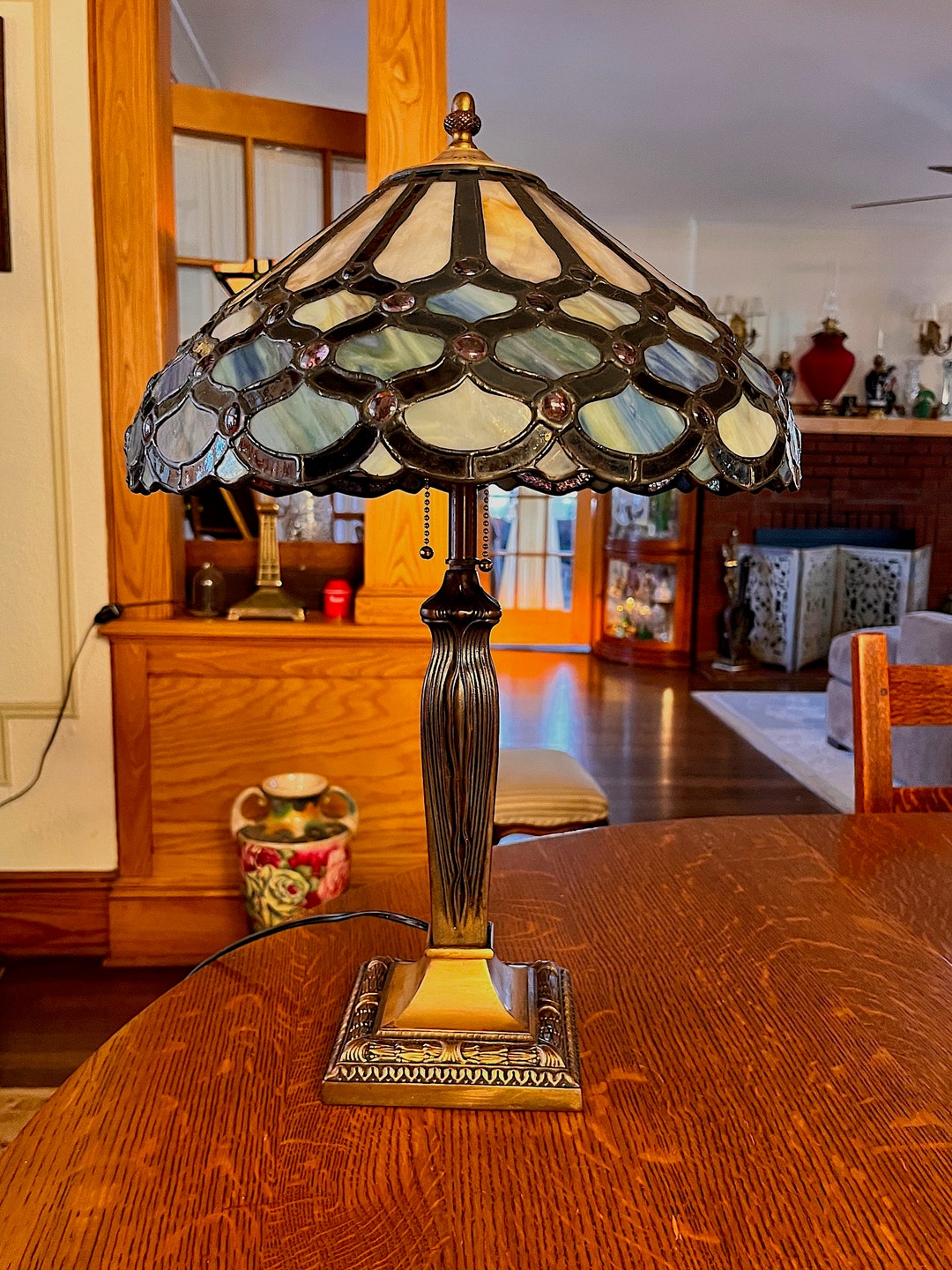 Antique Arts & Crafts Lamp Base With Vintage Tiffany Glass Style Lamp ...
