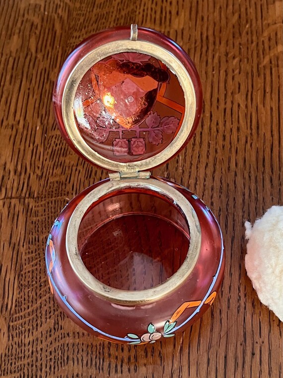 ANTIQUE-Cranberry Glass-Powder Box-Art Deco Powder Pu… - Gem