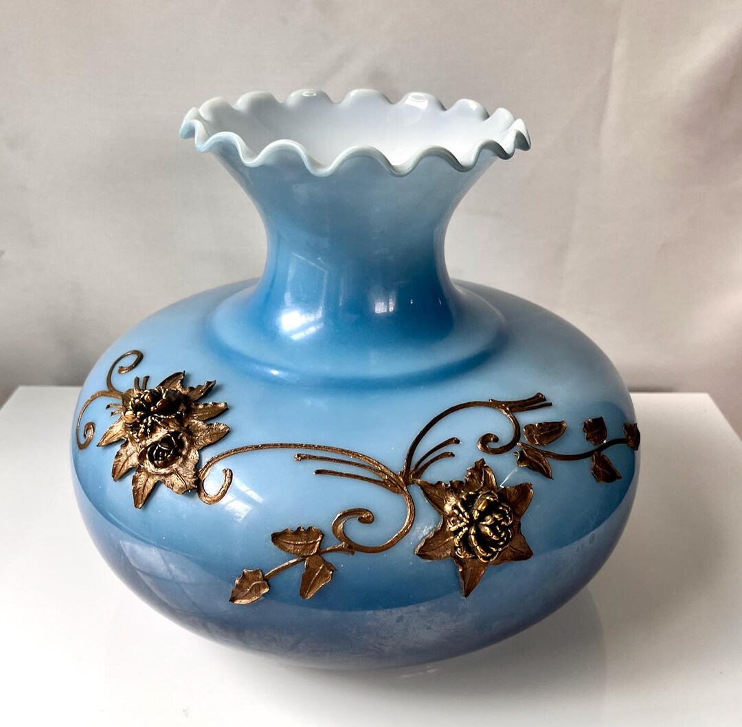 Vtg-blue Lamp Shade-victorian Glass Lamp Shade-hurricane Lamp Shade ...