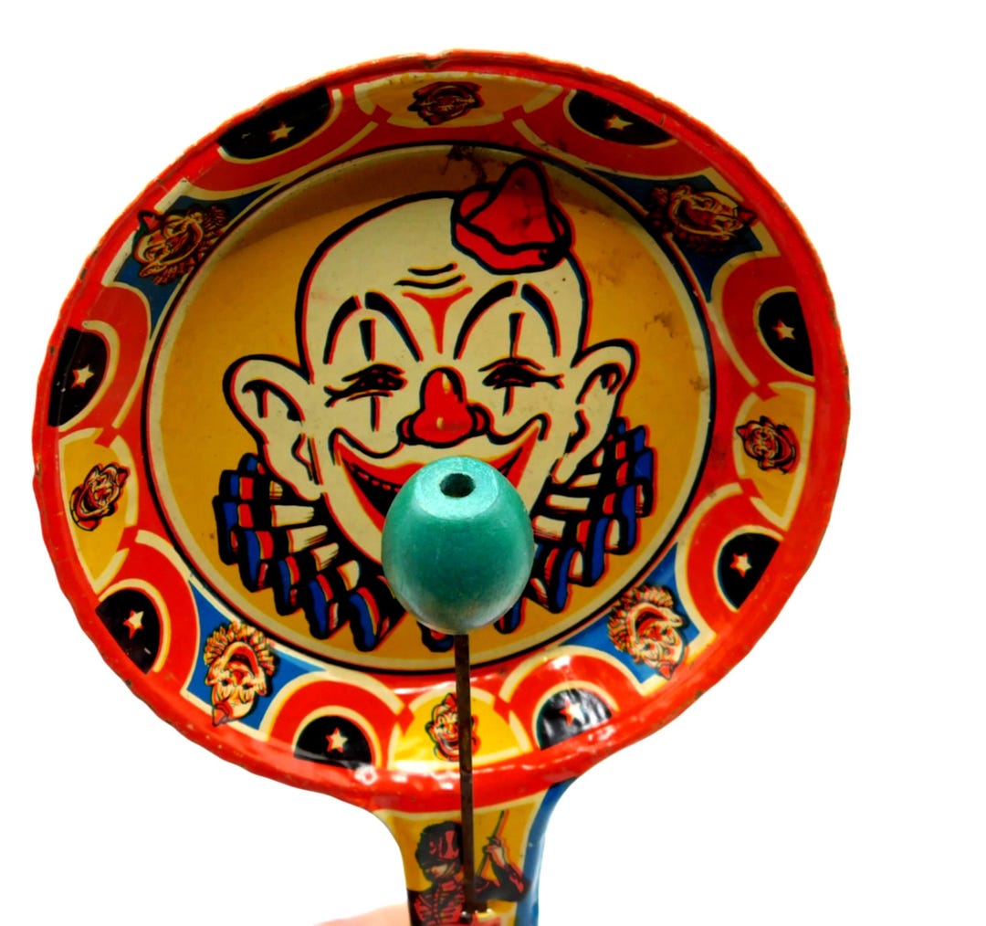 Vintage US Metal Tin Noisemaker CREEPY CLOWN Circus Wooden Clackers ...