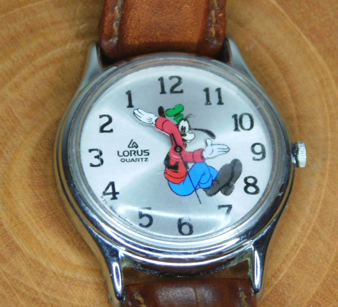 VINTAGE DISNEY WATCH Lorus Goofy Backwards Watch Brown Leather Strap ...