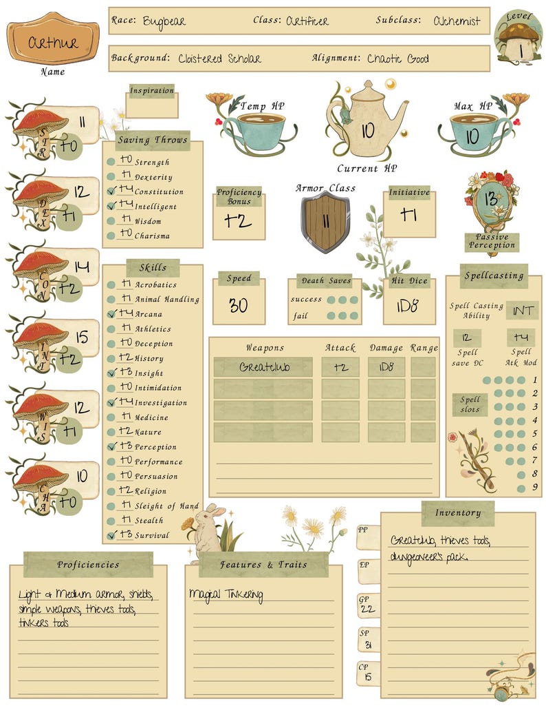 Cottagecore - D&D Character Sheet - Etsy