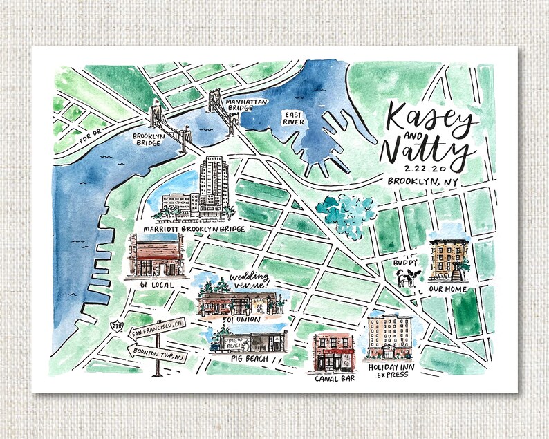 5x7 Custom Hand Painted Watercolor Illustrated Map With - Etsy