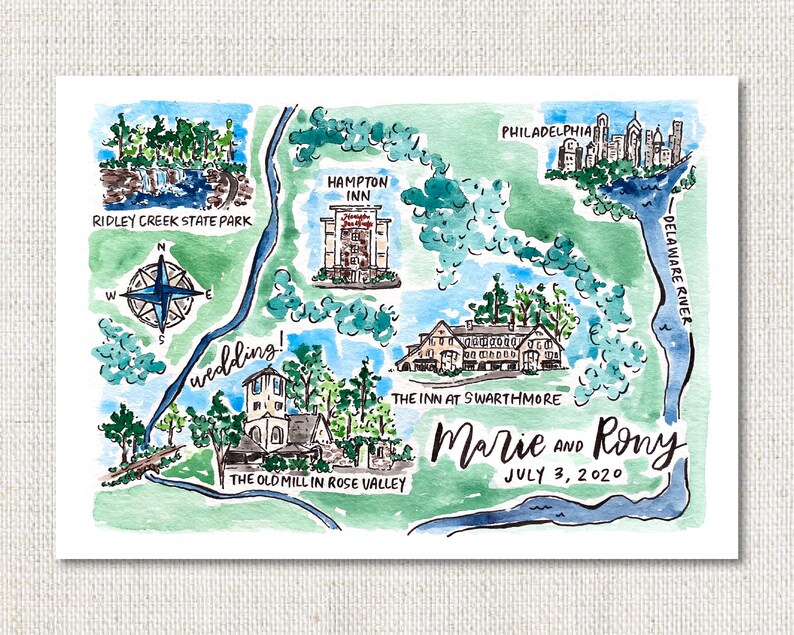 8x10 Custom Hand Painted Watercolor Illustrated Map With - Etsy