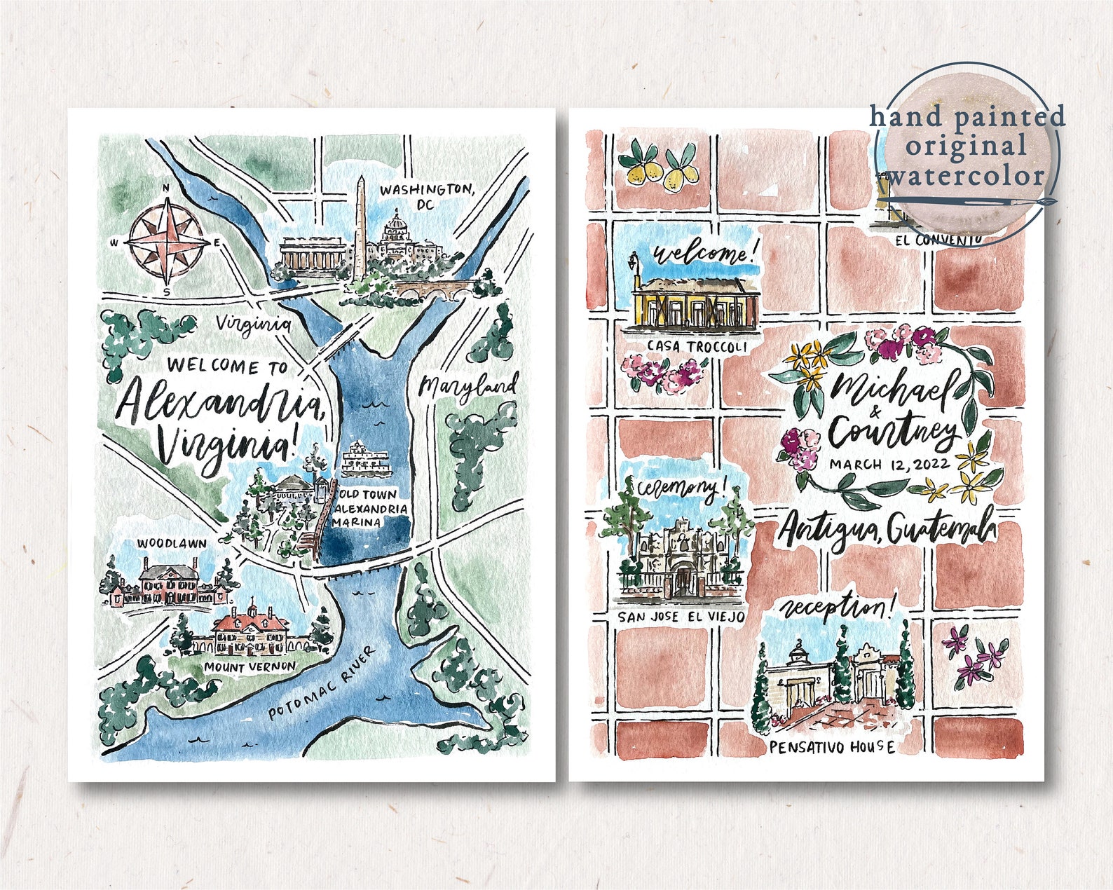 5x7 Custom Hand Painted Watercolor Illustrated Map With - Etsy